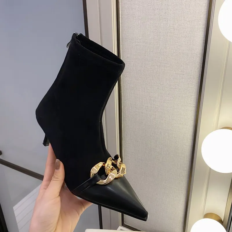 Botas con punta en pico para mujer, botines de tacón medio de Metal ...