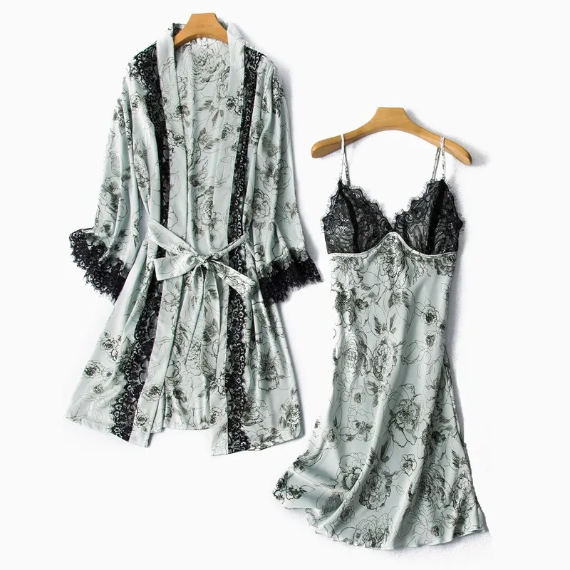 Women 2PCS Sleepwear Satin Nighty&Robe Set Lace Nightwear Kimono ...