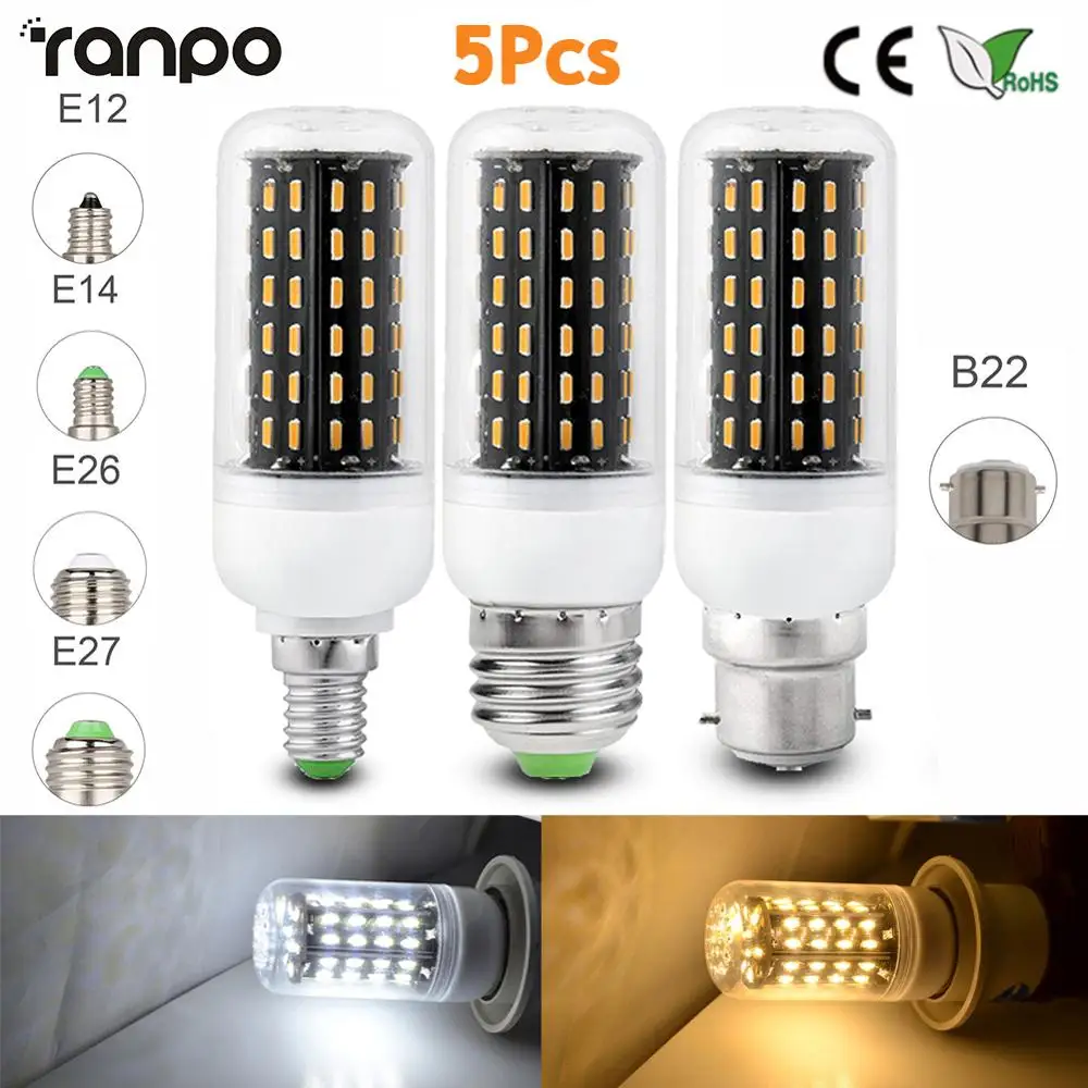 5Pcs E12 E14 E26 E27 B22 LED Corn Light Bulbs 12W 35W Cool Warm White ...