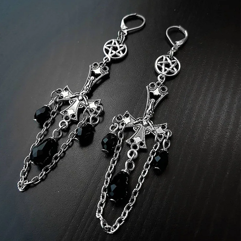 Inverted Crucifix earrings with black glass crystal teardrops. Classic ...