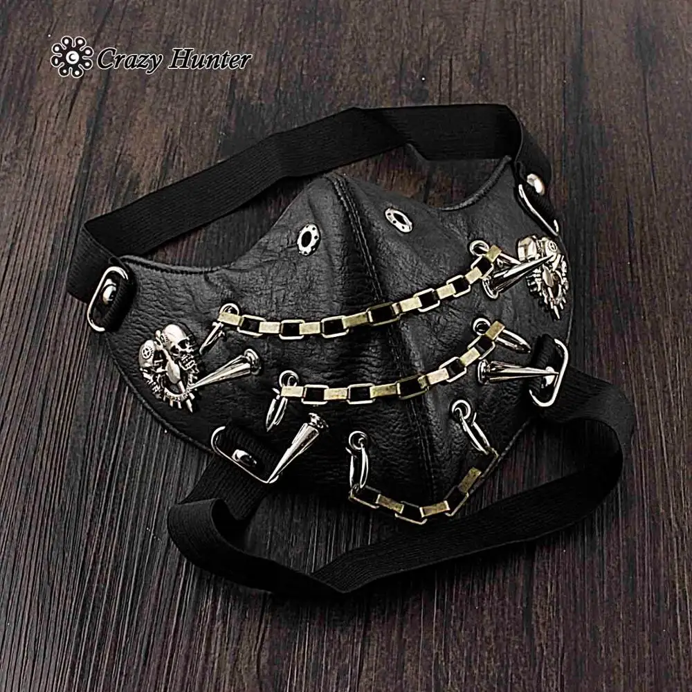 Mens White Skull Spike Punk Gothic Leather Mask Cosplay Biker Mask ...
