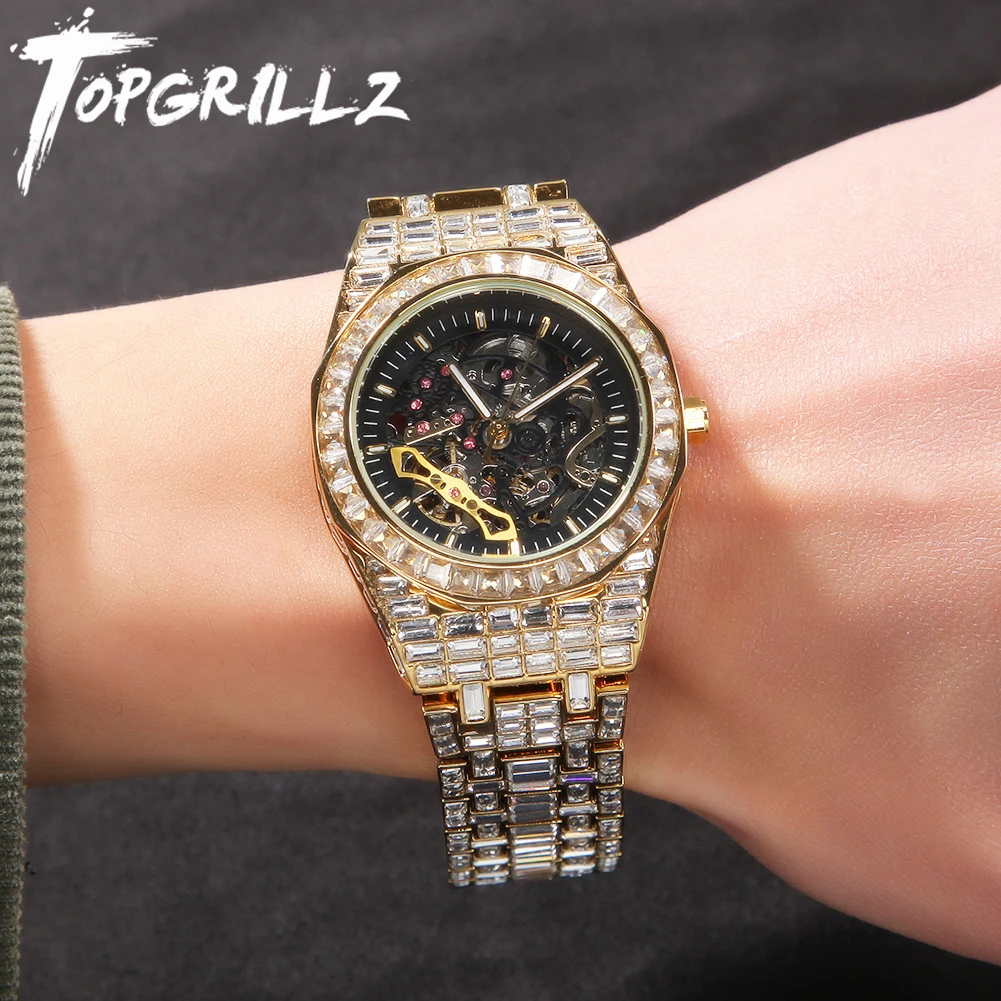 TOPGRILLZ Mechanical Luxury Baguette Rhinestones Watches In Yellow Gold ...