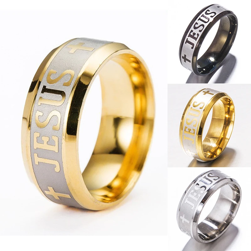 Jesus Letter Ring Men Titanium Stainless Steel Gold Black Silver Color ...