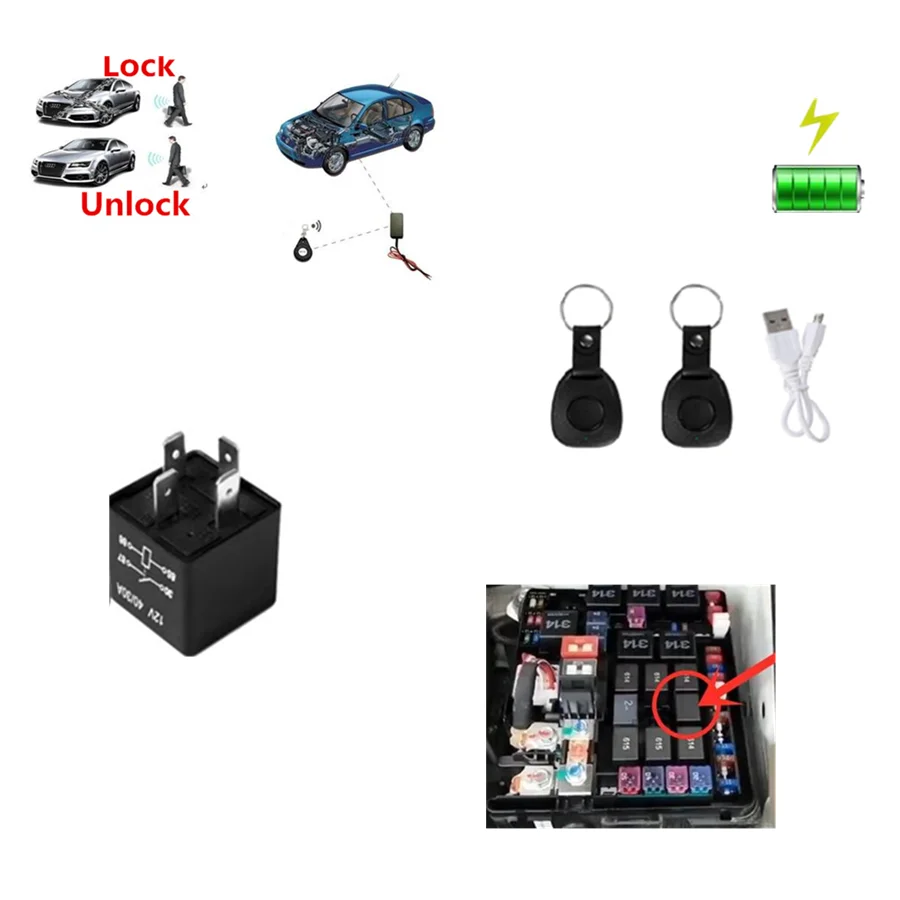 12V Auto Car Alarm two remote rechargeable USB wireless Engine Relay ...