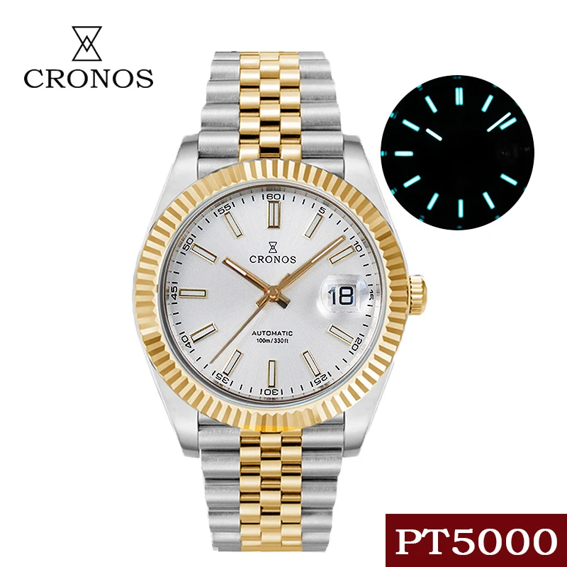 Cronos Date Luxury Men Dress Gold Watch Stainless Steel 5 Links ...