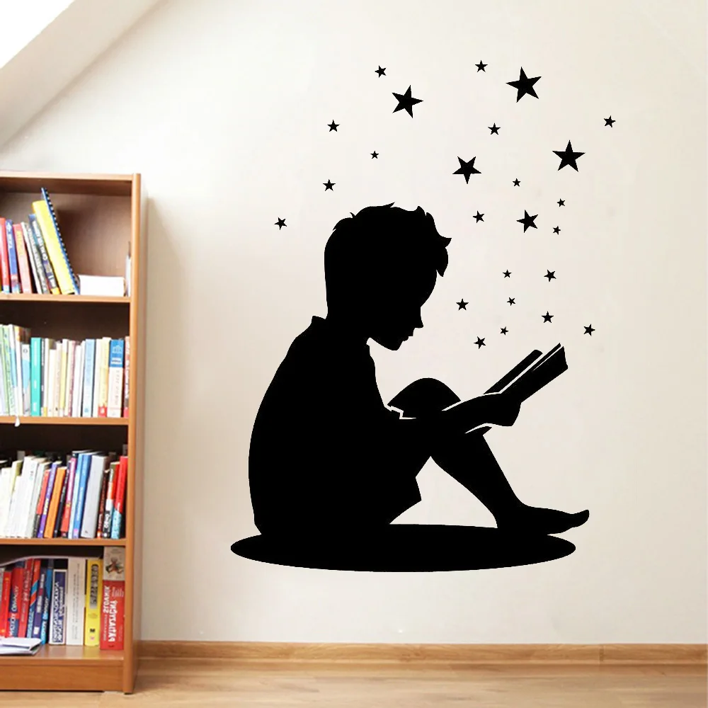 Library Study Vinyl Wall Decal For Kids Room Decor Little Boy Reading A ...