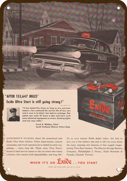 1953 Exide Car Battery Vintage Look Replica Metal Sign Police Car ...