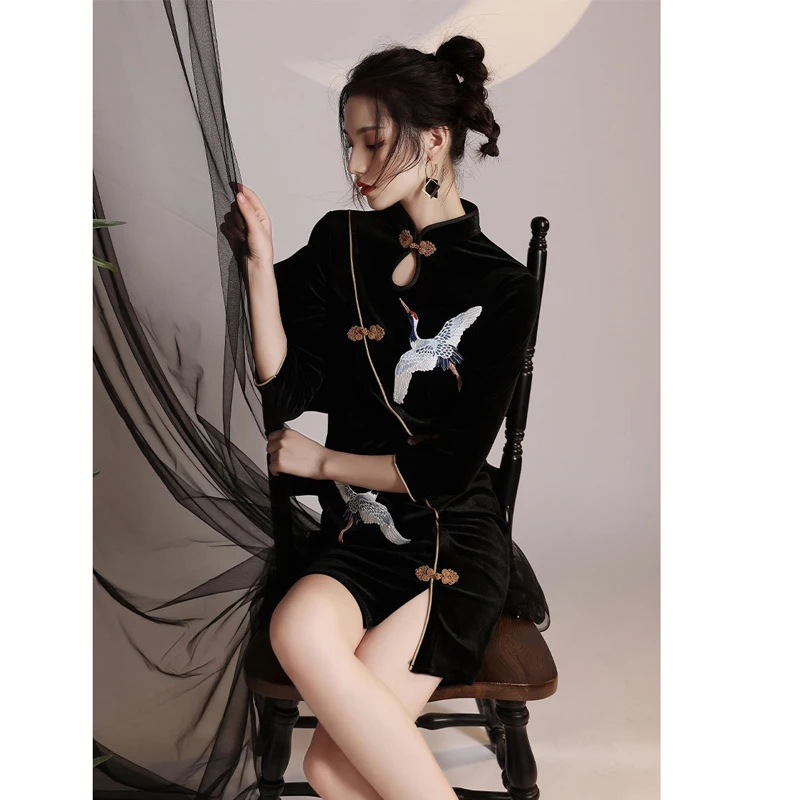 Cheongsam-Chinese-Style-Traditional-Gothic-Black-Dress-Women-s-Velvet ...