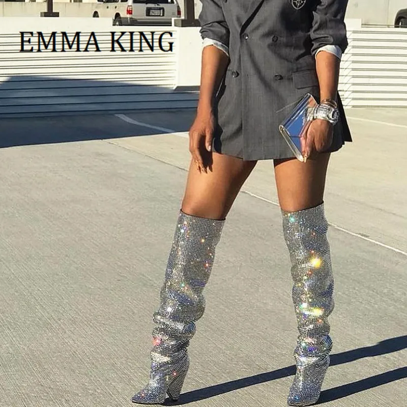 Botas altas hasta el muslo con diamantes de imitación para mujer ...