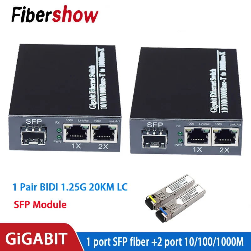 Gigabit media converter 1 port sfp to 2 rj45 gigabit optical fiber GPOn ...