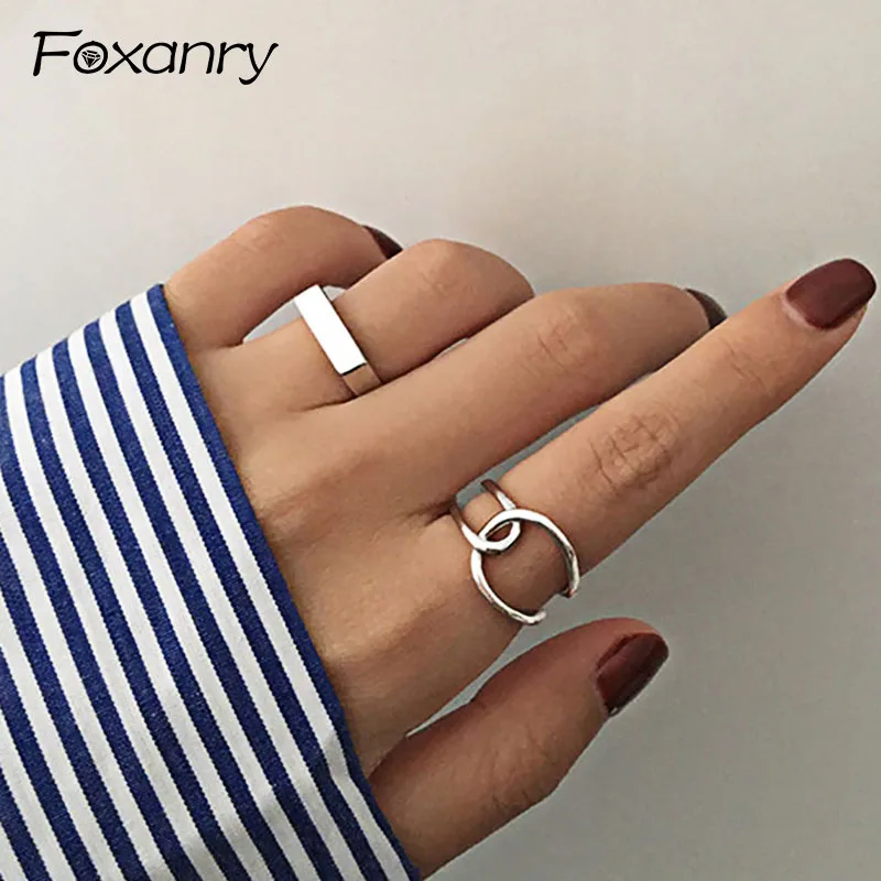 Foxanry 미니멀리스트 925 우표 손가락 반지 매력 여자 여자 타이어 실버 쥬얼리 새로운 패션 크로스 Twining 수제
