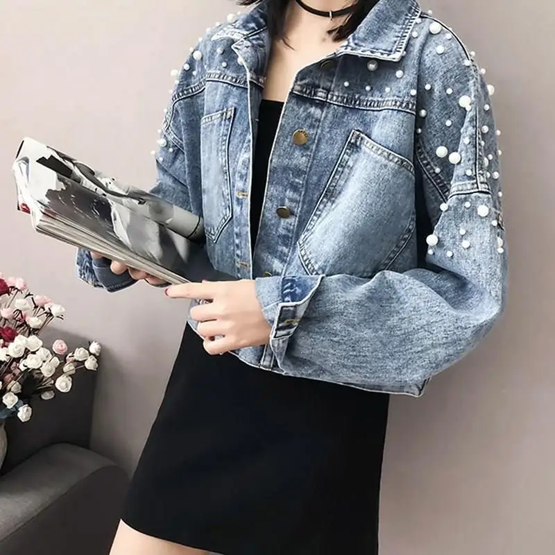 Casual Women Pearls Pockets Denim Jacket Korean Beading Batwing Sleeve ...