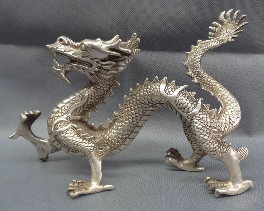 Chinese Silver Zodiac Myth Beast Figurine Wealth Fly Dragon Bronze ...
