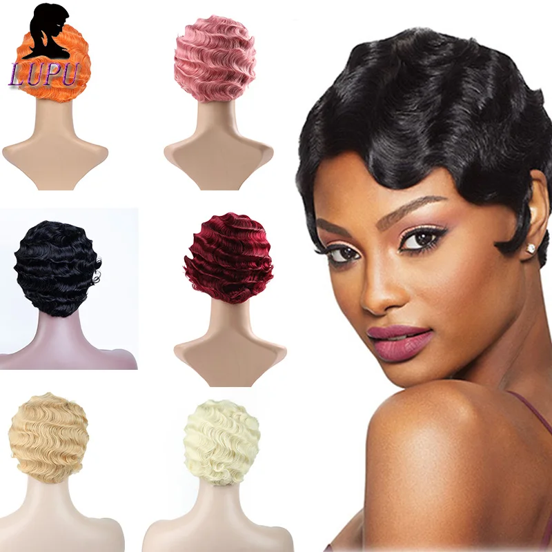 Synthetic-Short-Finger-Wave-Wig-Black-Pink-Red-Cosplay-Hair-High ...