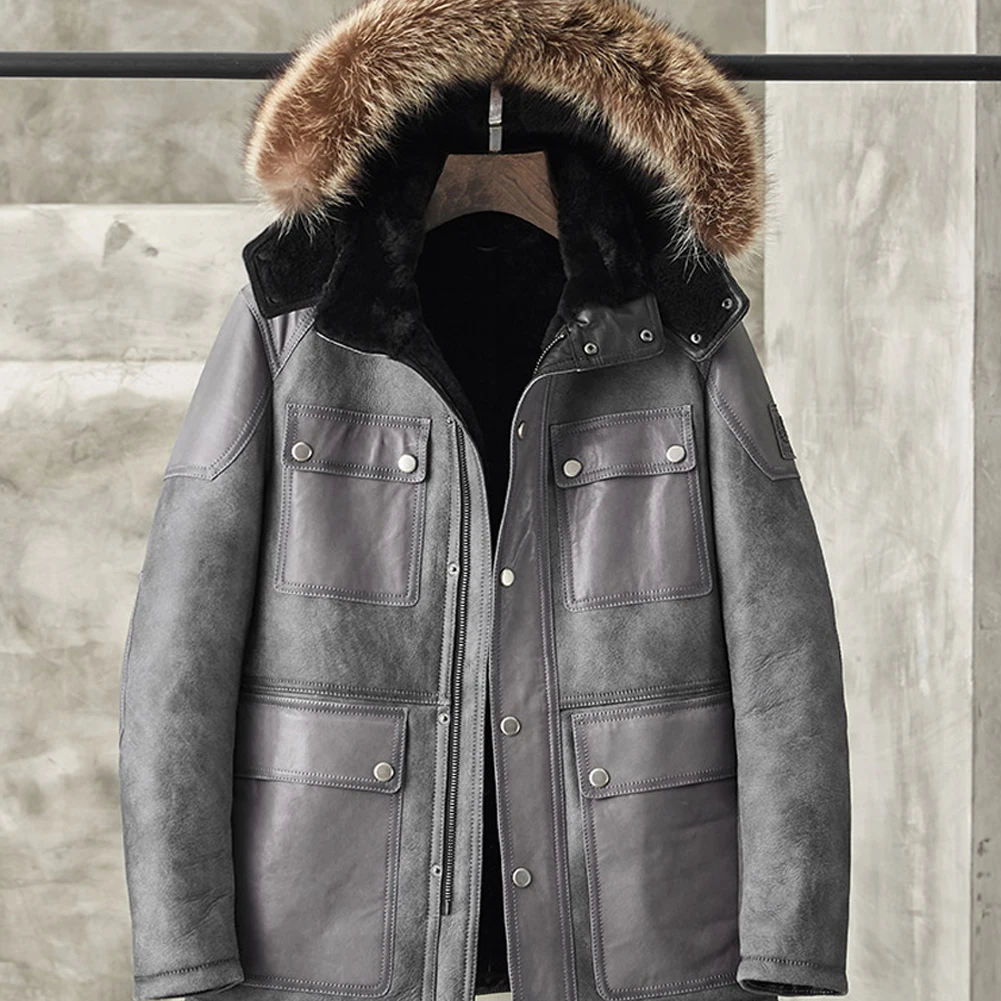 Men's Detachable Hooded Sheepskin Shearing Jacket Raccoon Fur Collar B3 ...