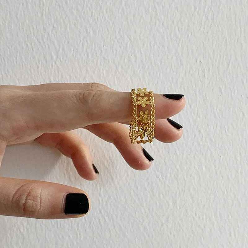 French Romantic Hollow Metal Floral Gold Index Finger Rings For Women ...