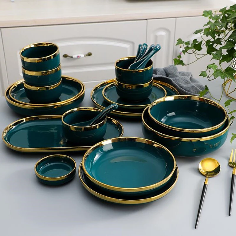 Gilt Rim Green Ceramic Plate Steak Food Plate Tableware Bowl Ins Dinner ...