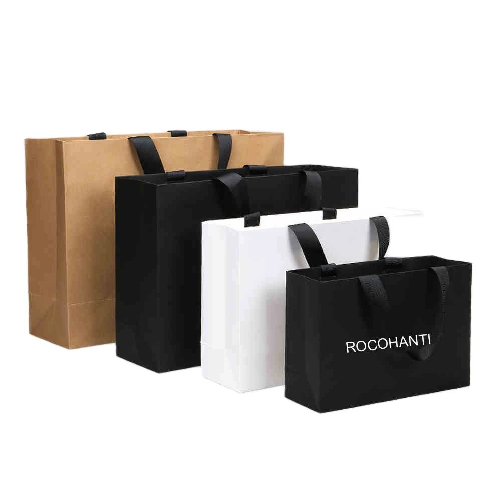 50x Custom Logo Paper Shopping Bag With Ribbon Handle For Clothing Gift ...