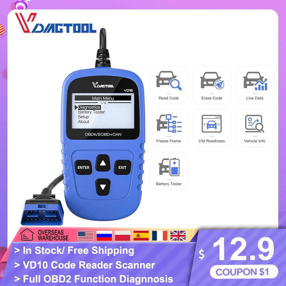 VDIAGTOOL VD10 자동 진단 도구 전체 OBD2 기능 미니 자동차 스캐너 DTC 정의 OBDII 코드 리더, 6 개 ...