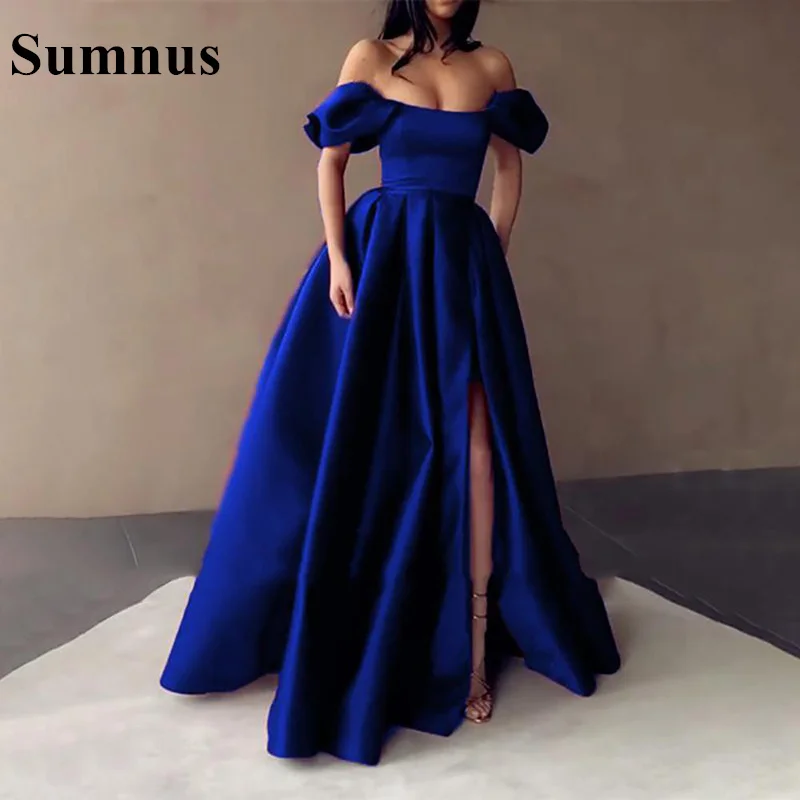 Robe-de-Soir-e-Longue-Pliss-e-en-Satin-Bleu-Royal-Tenue-de-Bal-Sans ...