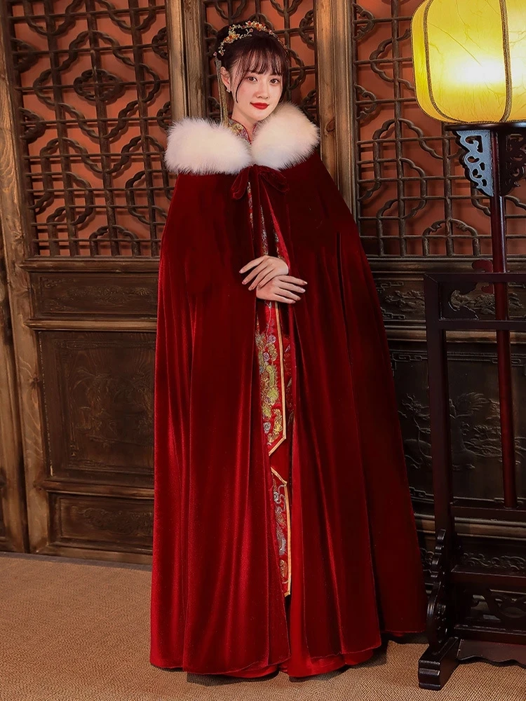 Velour Bridal Cape Burgundy Christmas Cloaks Faux Fur Hooded Wine Red ...