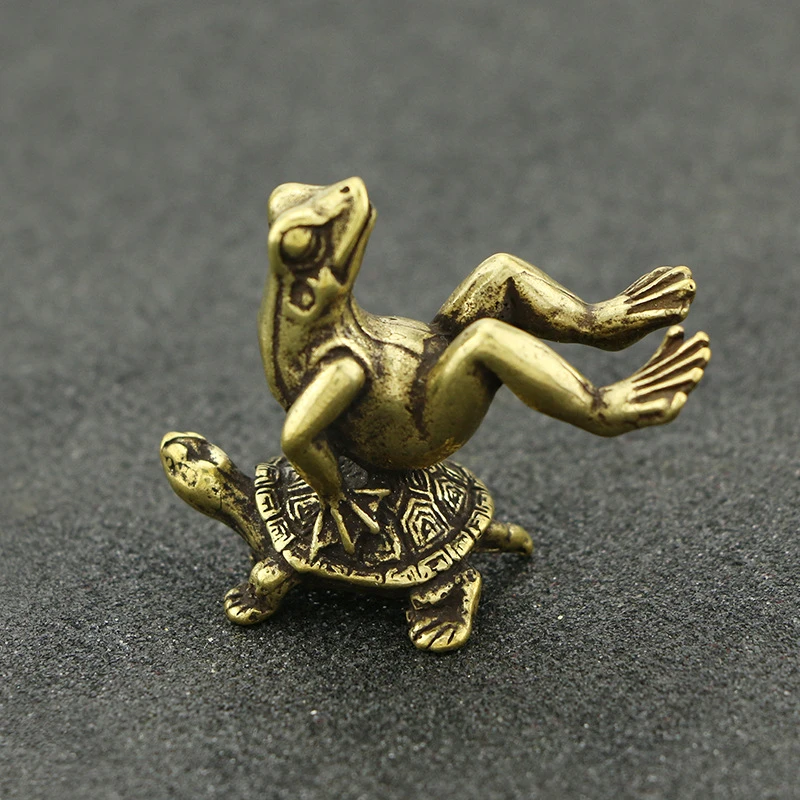 Mini Cute Brass Frog Sitting On Turtle Vintage Animal Statue Metal ...