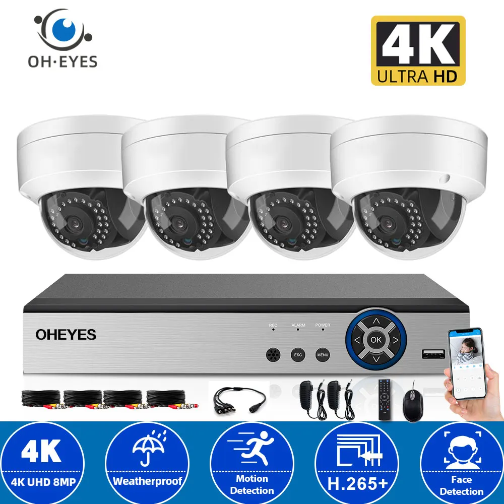 4 Channel CCTV Security Camera System 4K 8MP 4ch DVR Kit H.265 Outdoor ...