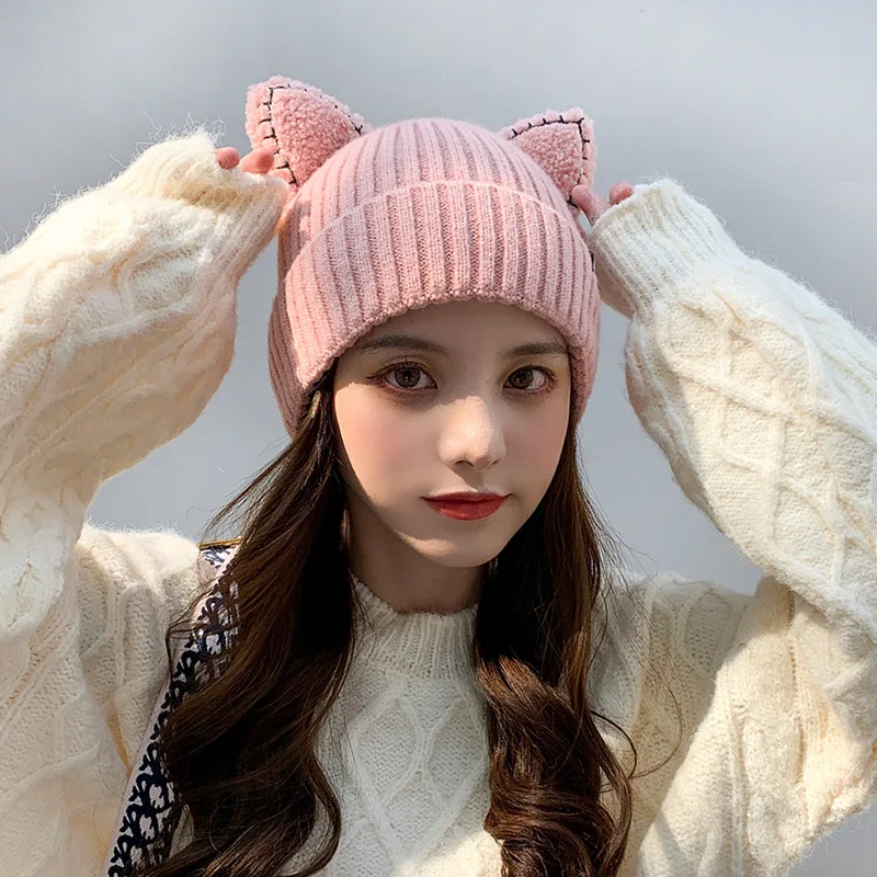 Fashion Women Cute Winter Beanies Hat Cat Ears Soft Skullcap Beanies ...