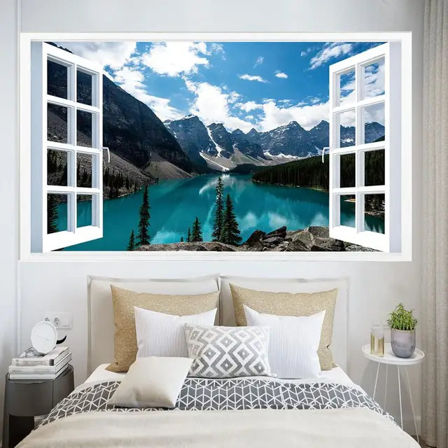 3D Simulation Fake Window Wallpaper Lake Landscape Mountain Clouds Wall ...