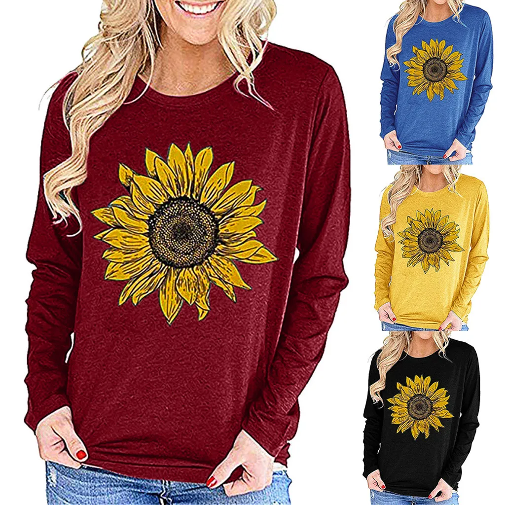 Shirt Women O neck Sunflower Printing Long Sleeves Easy Plus Size Tops ...