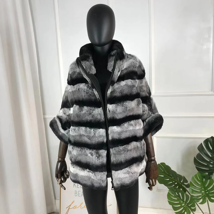 Casaco de pele real batwing manga curta casaco de pele de coelho das mulheres rex casaco de pele ...