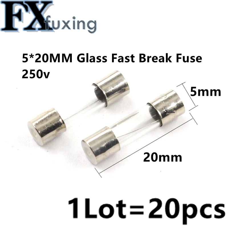 20Pcs 5x20mm Fast Quick Blow Glass Tube Fuse Assorted Kit Fast Blow Glass Fuses 1A 2A 3A 5A 6A ...