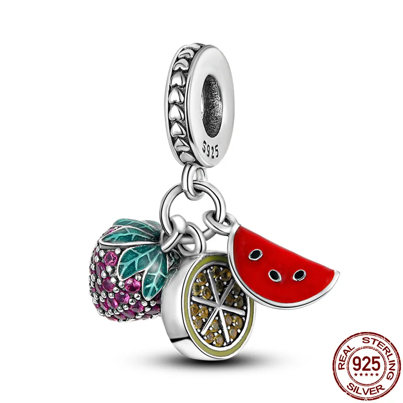 925 Sterling Silver Strawberry Watermelon Lemon Pendant Charms Beads ...