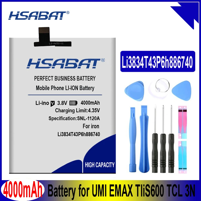 HSABAT 최고 브랜드 4000mAh Li3834T43P6h886740 배터리, TliS600 TCL 3N I718M M2U ...