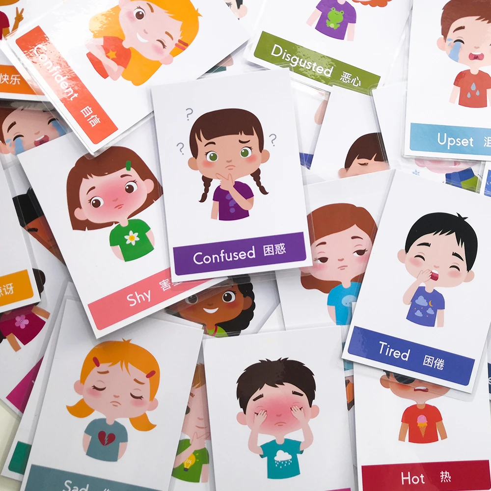 24Pcs Feelings Emotions English Chinese Learning Word Flash Cards ...