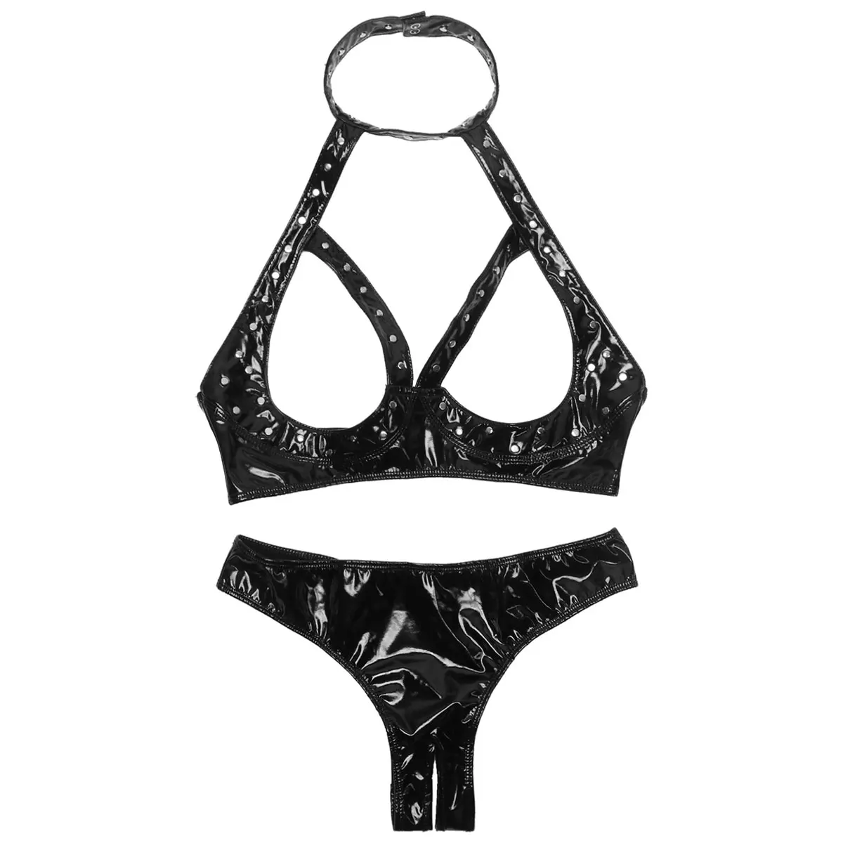 Womens Wet Look Patent Leather Sexy Lingerie Set Halter Sleeveless