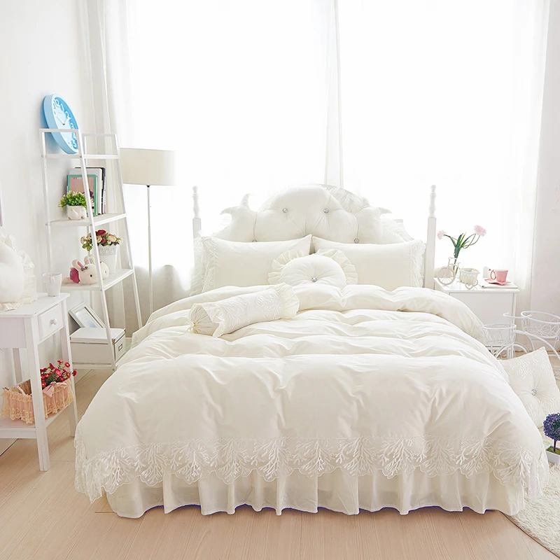 Beige Lace Princess Bedding Bedspread Sets Queen King Size Solid Color ...