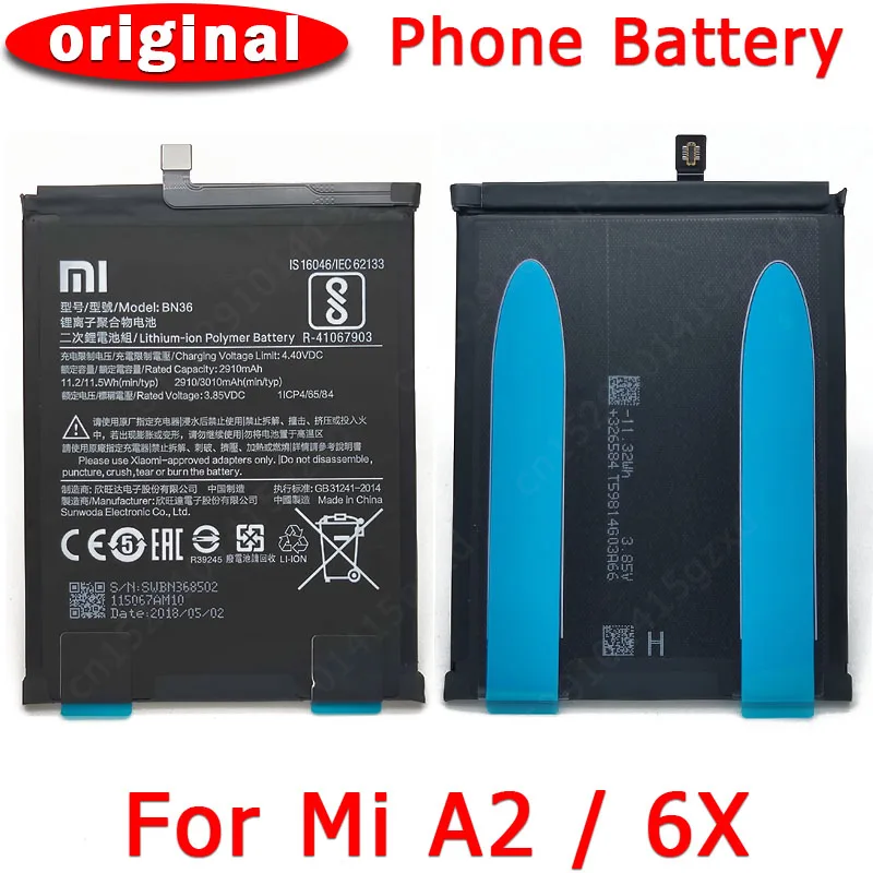 100% Original For Xiaomi Mi A2 6X Battery BN36 2910mAh Batteries Li ion ...