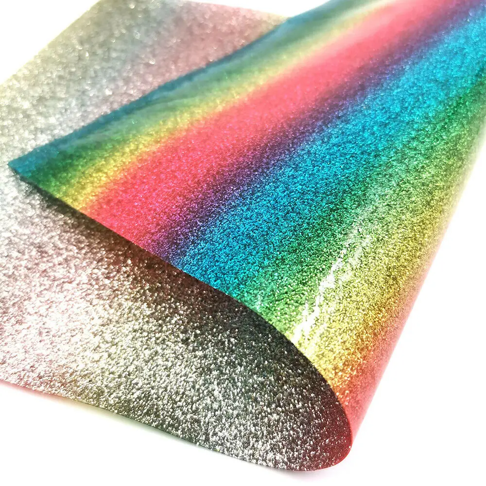 Shiny Rainbow Stripes Printed Fine Glitter Fabric Sparkle Faux Leather ...