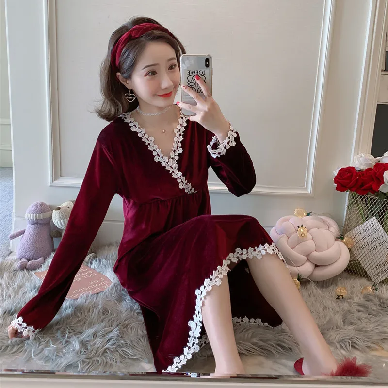 Autumn Winter Thick Sleepshirts Warm Flannel Nightgowns For Women Long ...