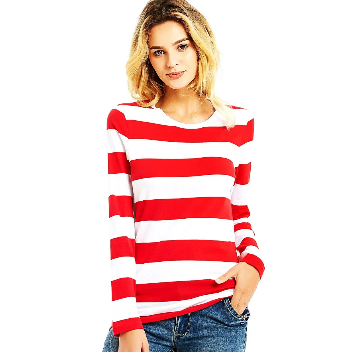 Red White Striped T Shirt For Women Round Neck Long Sleeve Tees For ...