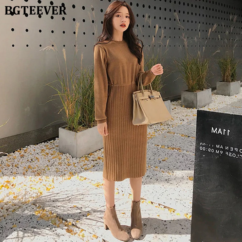 Elegant O-neck Patchwork Autumn Winter Dress Straight Women Sweater ...