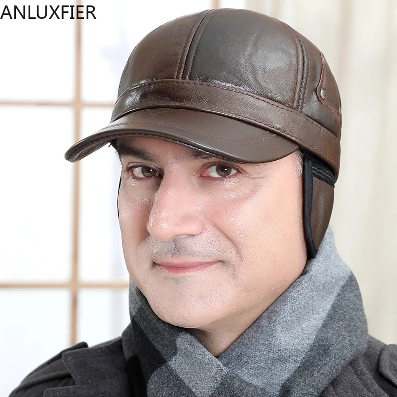 Genuine-Leather-Old-Man-Baseball-Hat-Winter-Warming-Cowhide-Middle-aged ...