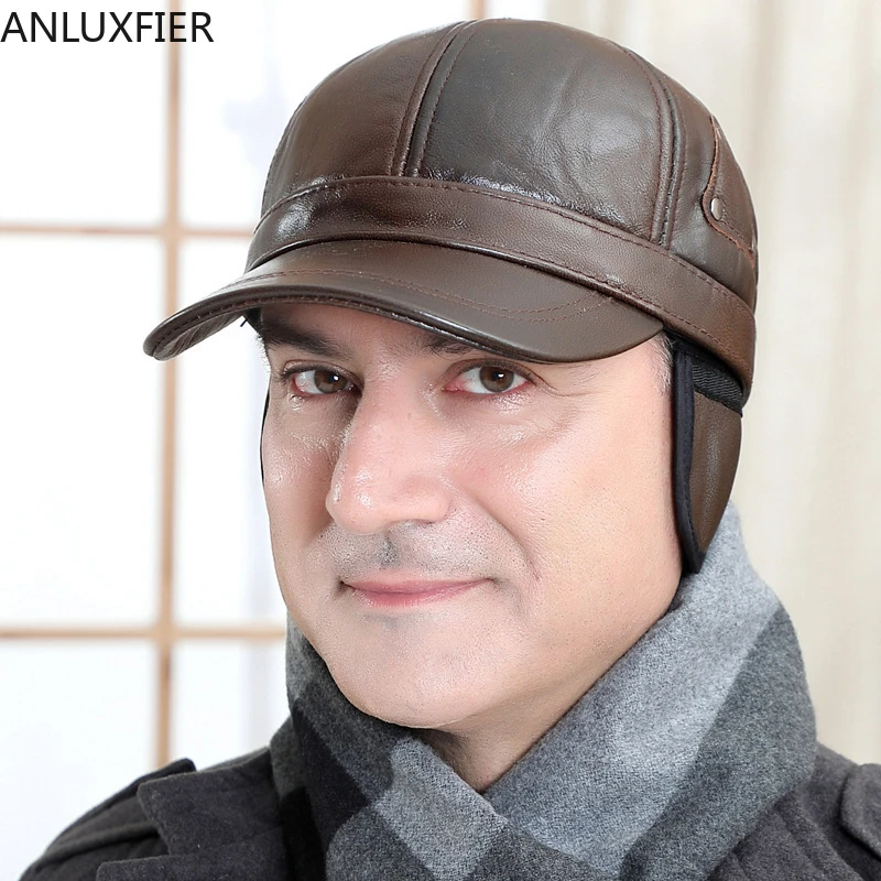 Genuine Leather Old Man Baseball Hat Winter Warming Cowhide Middle-aged ...