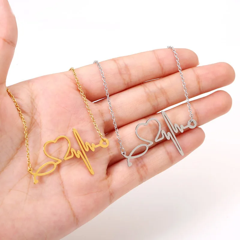 European-And-American-Stainless-Steel-Heart-Ecg-Pendant-Necklace-For ...