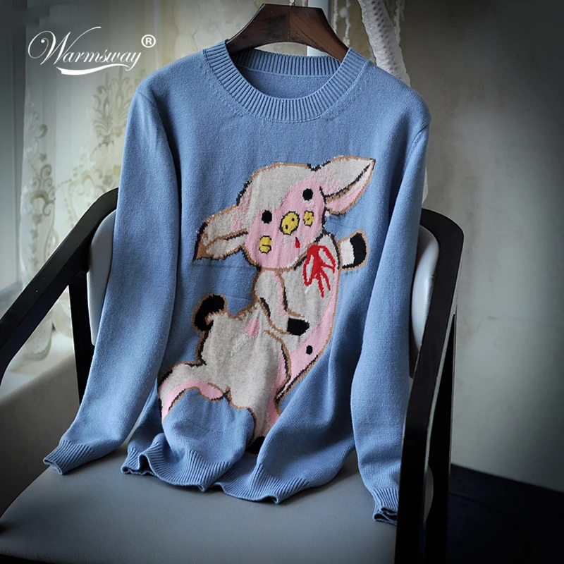 ON SALE 2021 New Runway Jacquard Knitted Pullover Blue Cute Pig Pattern ...