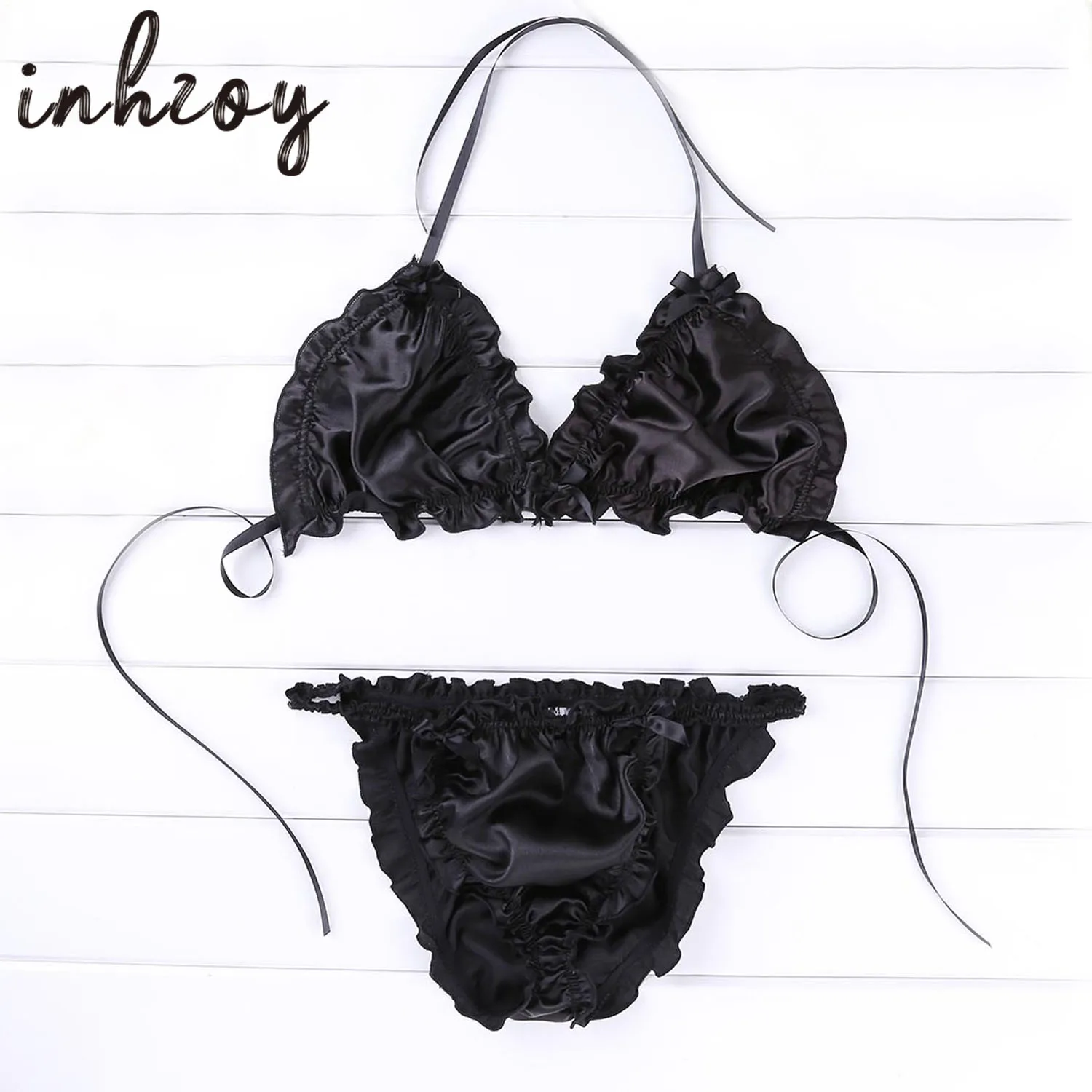 2Pcs-Men-s-Sissy-Silky-Satin-Halter-Ruffled-Pajamas-Set-Crossdress ...