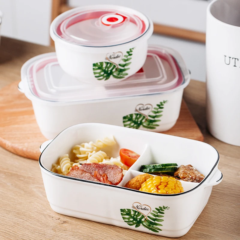 Microwavable 3 Compartment Lunch Box Leakproof Offic Portable Ceramic ...