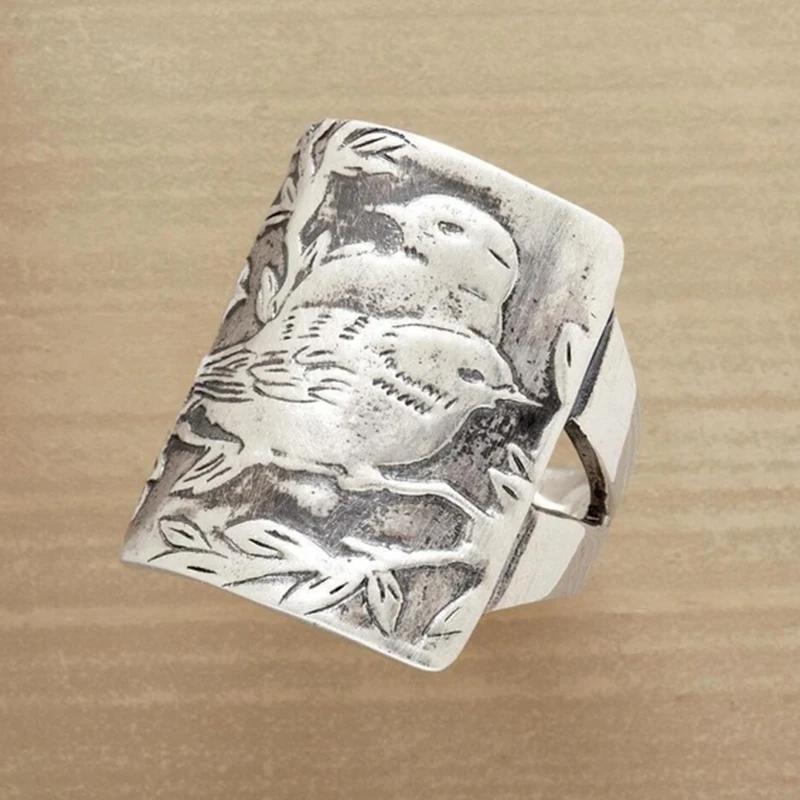 Vintage Silver Color Bird Leaves Mens Ring High Quality Heavy Metal ...