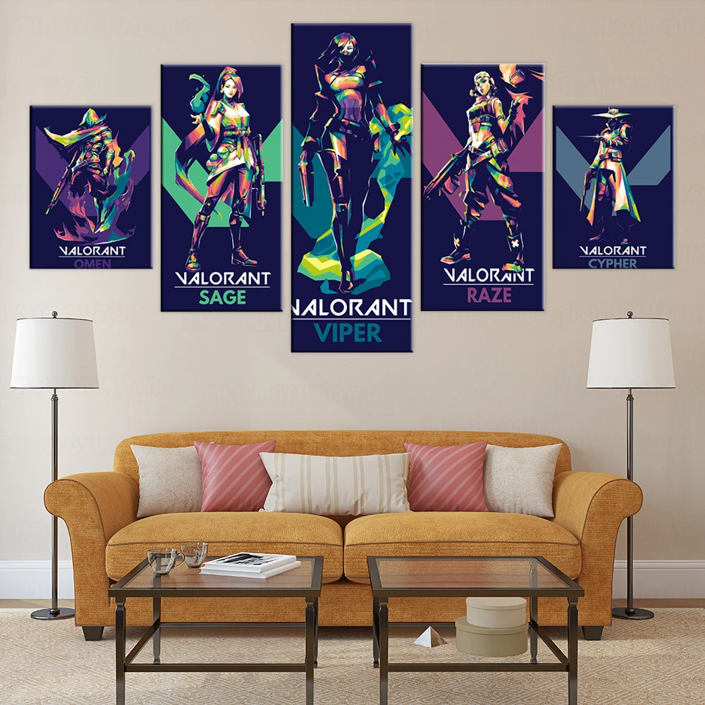 5 Pieces Valorant Game Posters Omen Sage Viper Raze Cypher Oil Painting ...